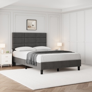 Linen Platform Bed Frame with Solid Wooden Slats Support - Bed Bath ...