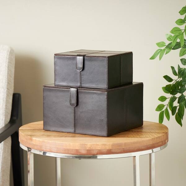 Dark Brown Leather Storage Box with Snap Front Closure and Detailed ...