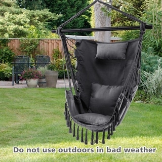 Black Hammock Chair Hanging Rope Swing Chair with Tassels and Pillow ...
