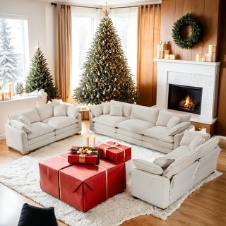 Large Deep Sofa Set of 3 Sofas with Cushions and Pillows, Beige - Bed ...