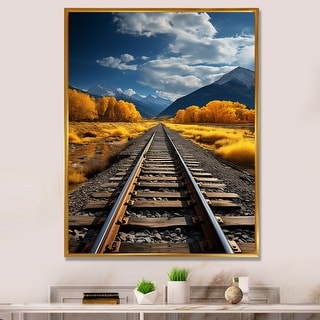 Designart "Rail Track Through Yellow Prairies" Road Framed Wall Decor ...