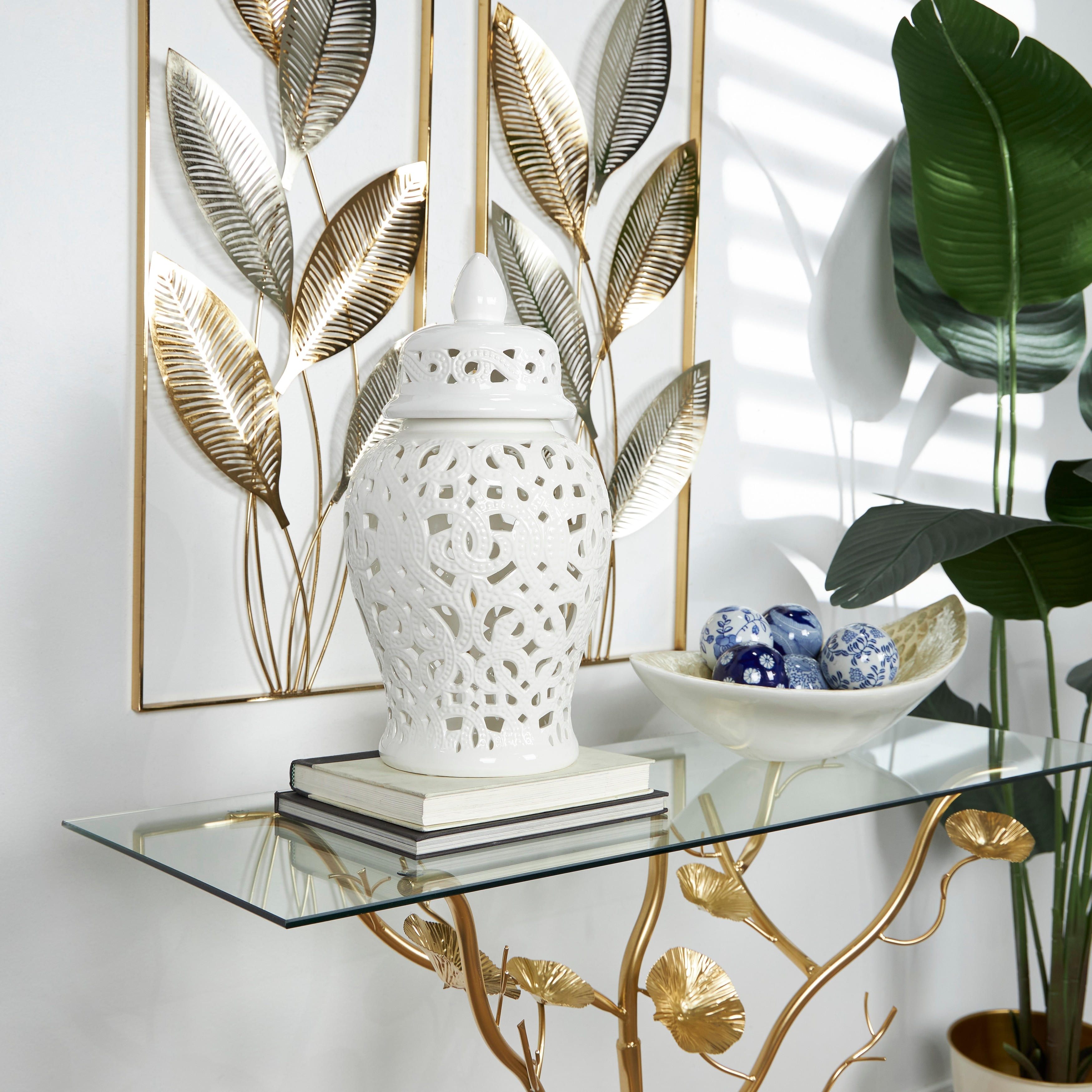 Gold Ceramic Decorative Jars with Geometric Cutout Design and Lid - On ...