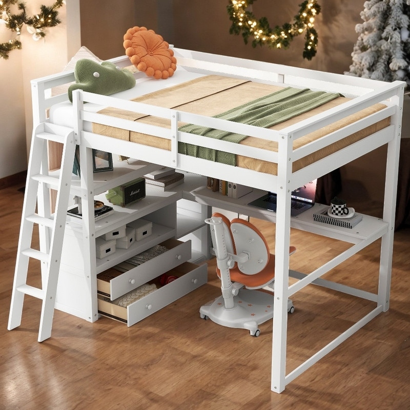 Loft Bed with 2 Drawers 3 Shelves 2 Wardrobes and Ladder Kids Bed ...