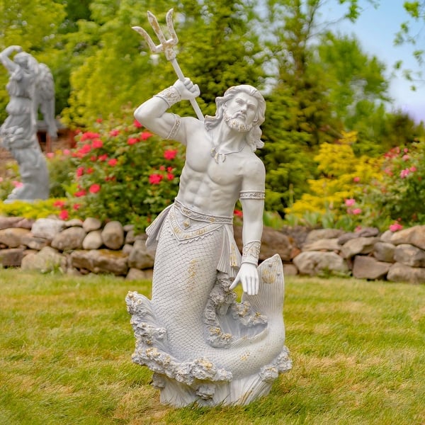 48 Inch Tall Magnesium Merman Garden Statue "Scotty" Antique Grey - Bed ...