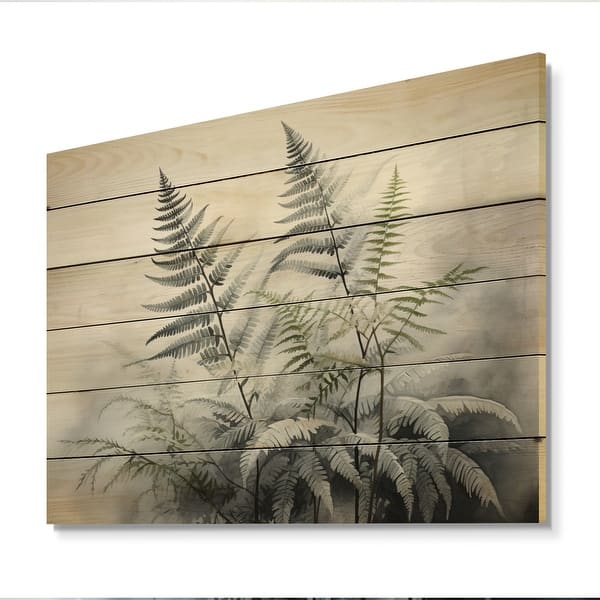 Designart "Ferns Silver Whispers III" Floral Print on Natural Pine Wood ...