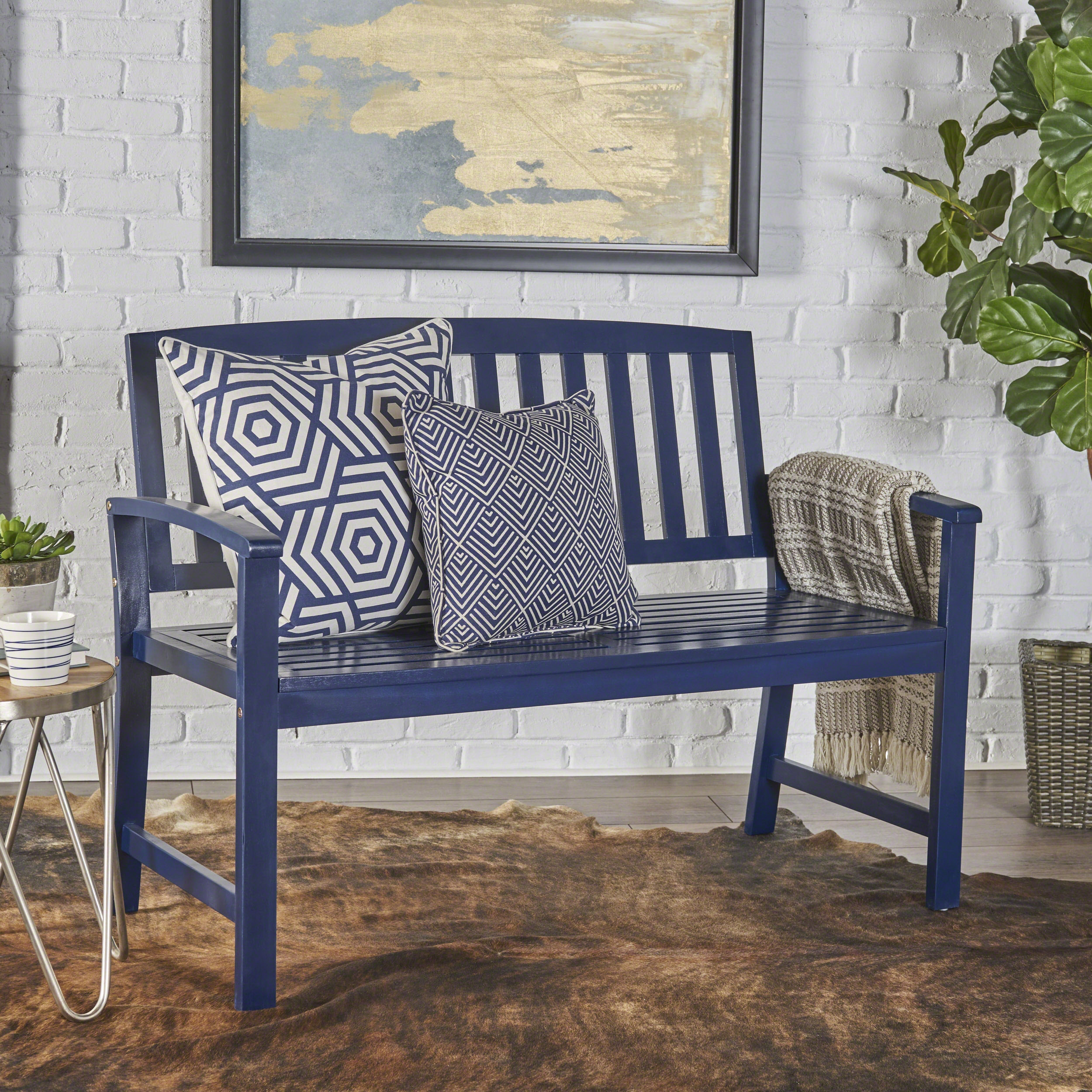 Loja Farmhouse Style Navy Blue Acacia Wood Bench 48 for Indoor Outdoor Use Bed Bath Beyond 42470469