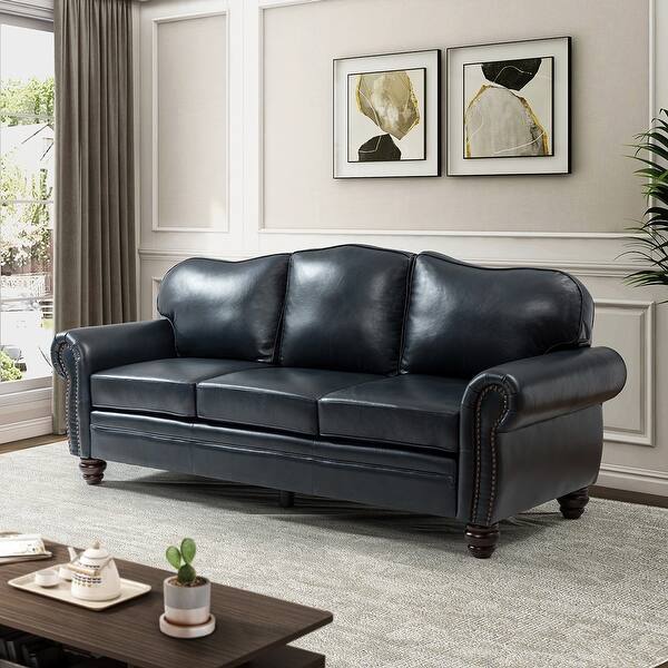 Balvino 81" Wide Transitional Genuine Leather Rolled Arm Nailhead Trim ...
