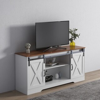 59" Farmhouse X-Pattern TV Stand Cabinet with 2 Adjustable Shelf,White ...