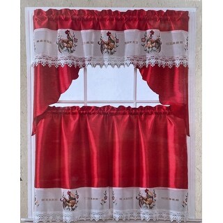 Burgundy Red Rooster Embroidery Kitchen Curtain 3PC Set Swag & Tiers ...