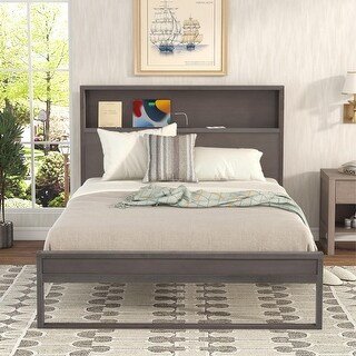 Solid Wood Platform Bed with Storage Headboard,Sockets and USB Ports ...