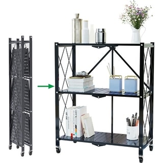 3 Tier Foldable Metal Rack Storage Shelving Unit with Wheels - Bed Bath ...