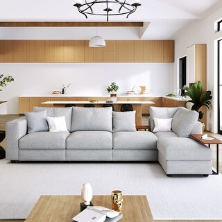 Light Grey L-shape Sectional Sofa w/ 2 End Tables & Ottoman Chaise ...
