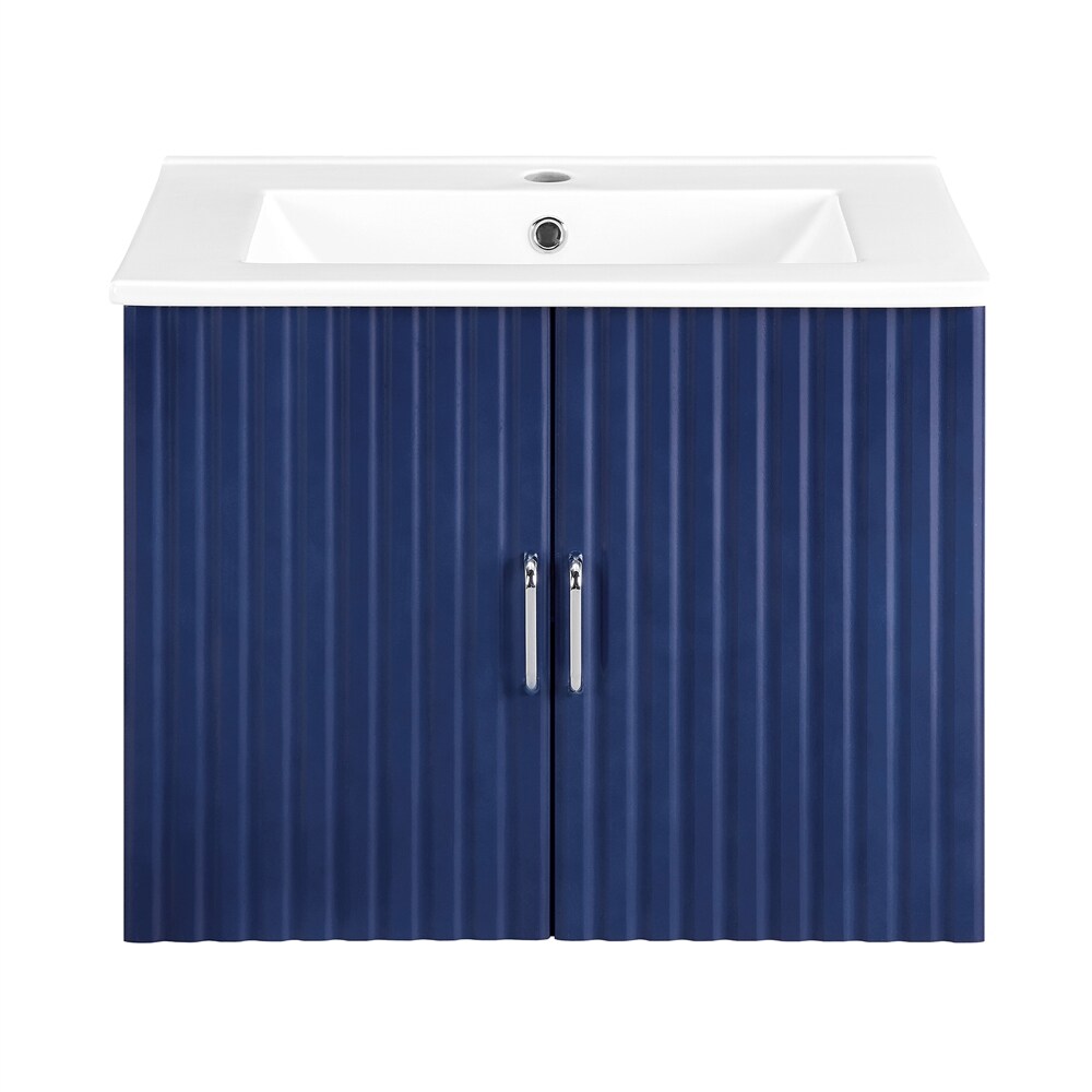 30" Striped Navy Blue Bathroom Vanity with White Ceramic Sink, Wall ...