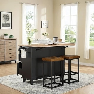 3 Pieces Farmhouse Kitchen Island Set with Drop Leaf and 2 Seatings ...