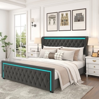 King Platform Bed Frame With High headboard, Velvet Upholstered Bed ...