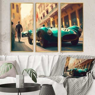 Designart "Vintage Blue Race Car In Street Race I" Exotic Car Framed ...