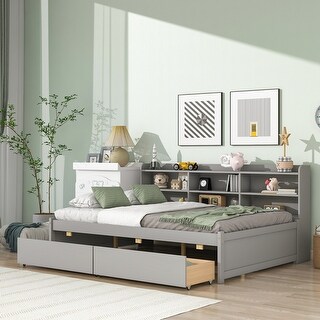 Full Size Wooden Platform Bed with Side Bookcase and Drawers,Elegant ...