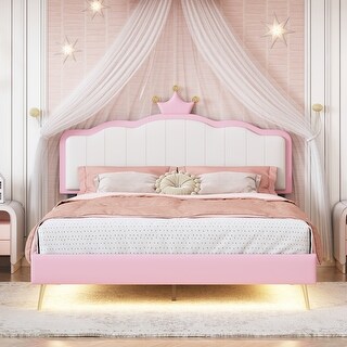 Full Size Upholstered Princess Bed with Crown Headboard and Light Strip ...