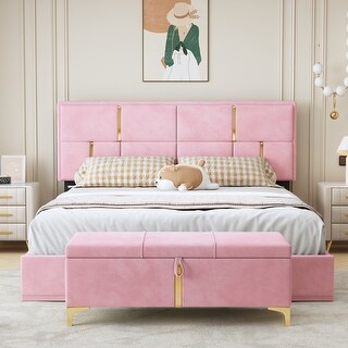 2-Pieces Bedroom Sets, Queen Size Pink Storage Bed Frame w/ Storage ...