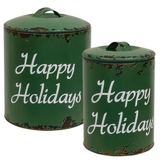 2/Set Distressed Green Metal "Happy Holidays" Containers - Set of two ...