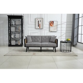 Loveseat w/ Rattan Handrail Convertible Futon Sofa Bed, Dark Grey - Bed ...
