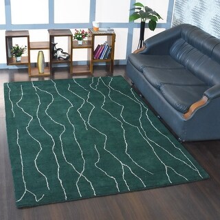 Hand Knotted Loom Silk Mix Area Rug Contemporary Dark Green White ...