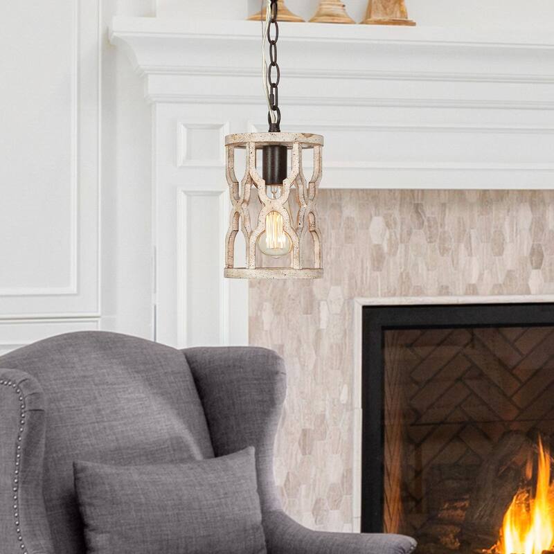 Farmhouse 1-Light Rustic Wood Cylinder Island Pendant Lights for Dining ...