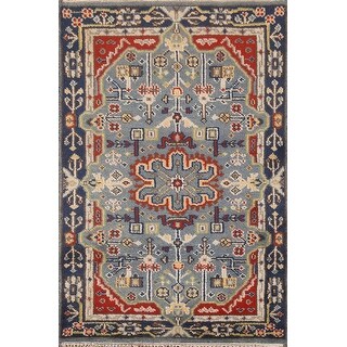 Blue Geometric Heriz Serapi Indian Accent Rug Handmade Wool Carpet - 3 ...