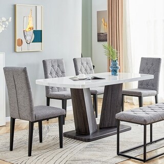 6 Pc White Faux Marble Dining Table Set w/ 4 Fabric Chairs and Bench ...