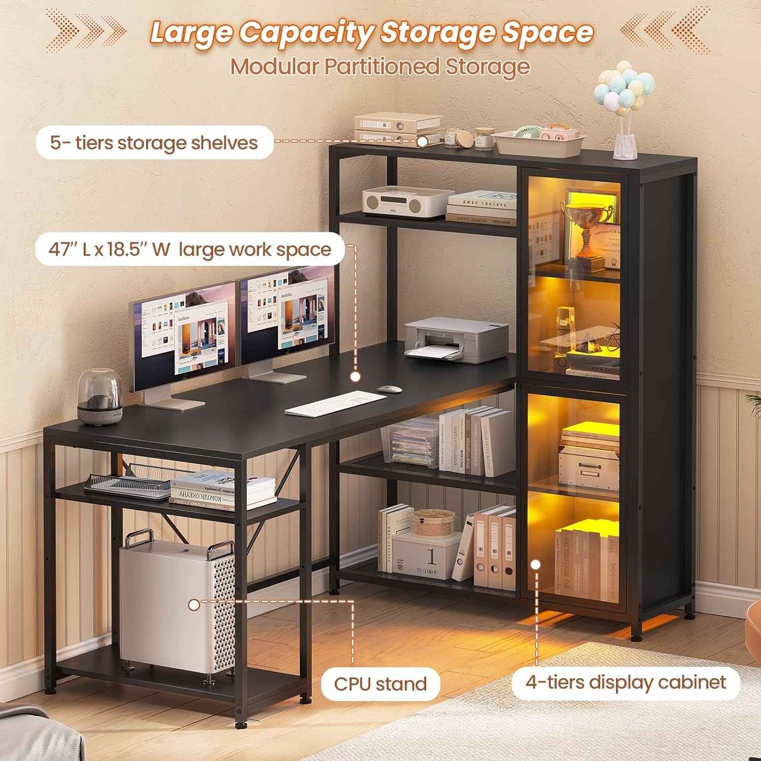 L Shape Computer Desk Bookshelf Storage Display Cabinet for Gamer Black