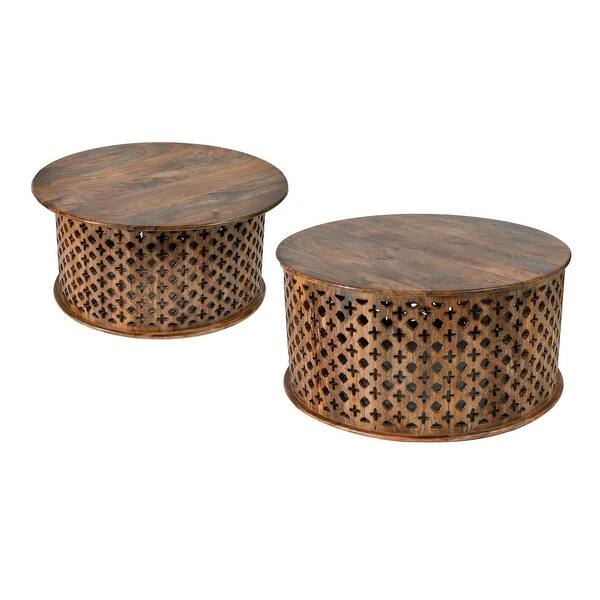 35, 34 Inch Coffee Table Set of 2, Mango Wood Lattice Design, Brown ...
