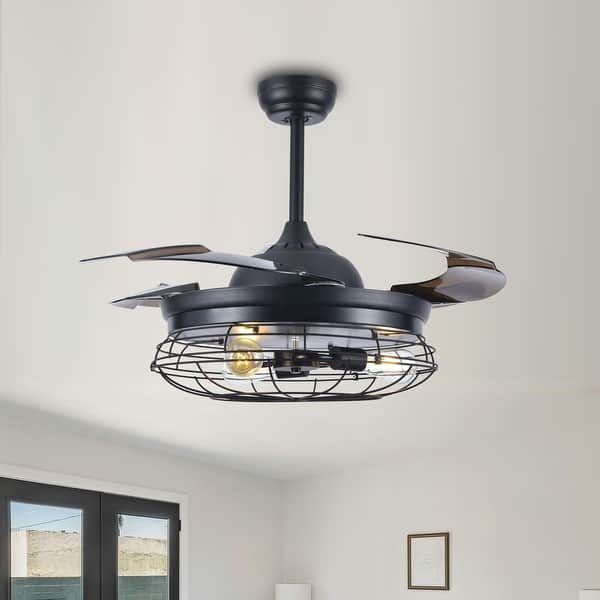 42 inch Caged Ceiling Fan with Retractable Fan Blades, 3 Bulbs, Remote ...