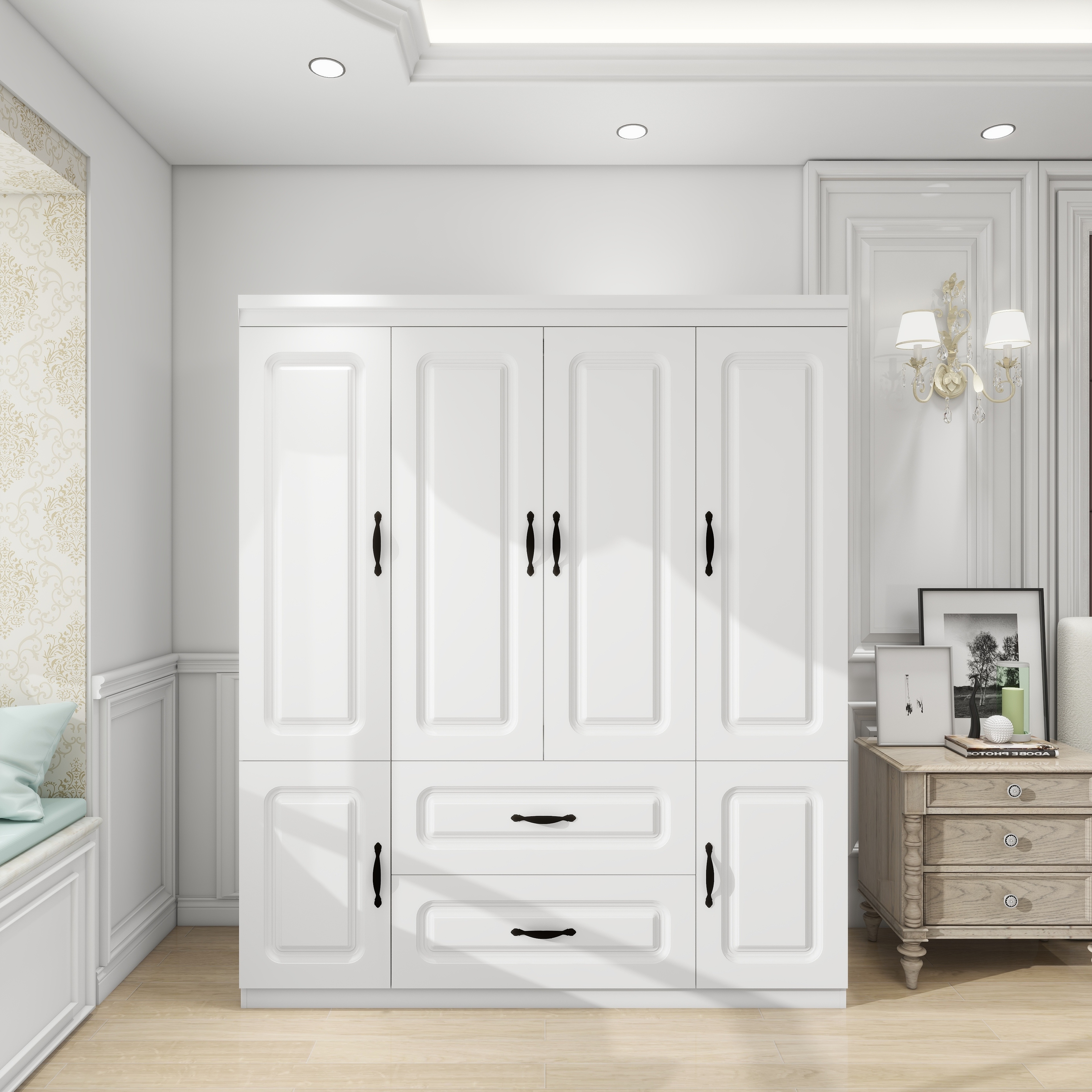 71 H Wood Wardrobe Closet with 4 Doors Armoire Closets Cabinet with Hanging Rod Shelves and 2 Drawers White
