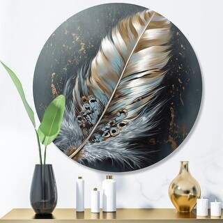 Designart "Gold Feather Wanderlust IV" Glam Feather Metal Round Wall ...