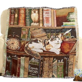Charming Library Cat Tapestry Fringe Border Throw Blanket - Bed Bath ...