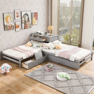 3 in 1 Design L-Shaped Corner Platform Beds with 1 Desk&1 Trundle&2 ...