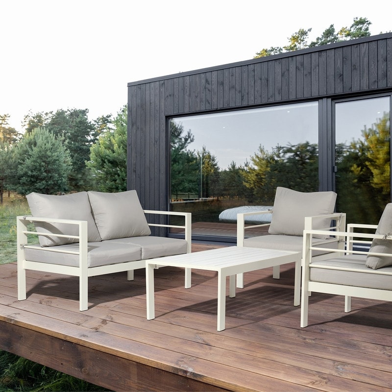Aluminum Patio Furniture Set 4 Pieces Modern Outdoor Conversation Set Sectional Sofa Dark Grey