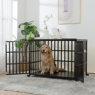 Indoor Wooden Dog House Dog Crate for Large Medium Dogs with 4 Lockable ...