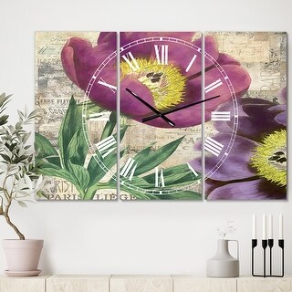 Designart 'Purple Peonies' Oversized Cottage Wall Clock - 3 Panels - 36 ...
