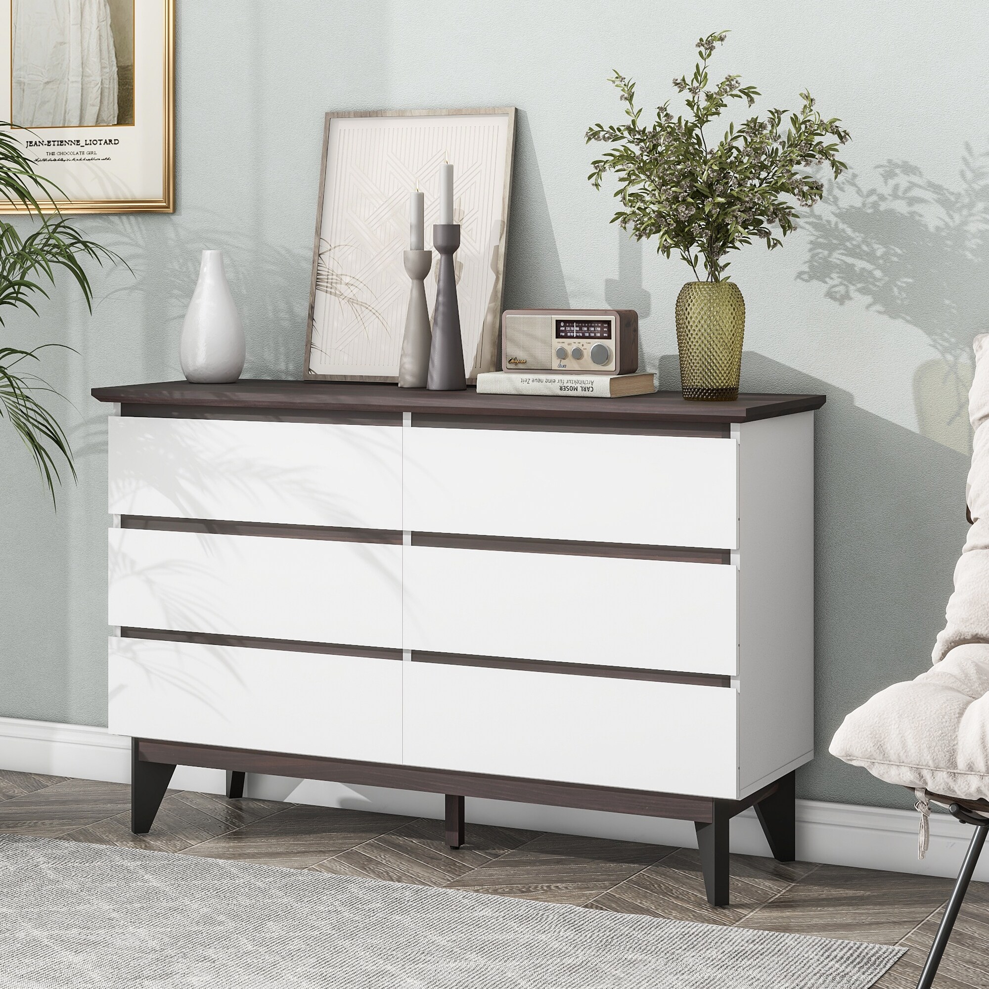 6 Drawer Double Dresser with Wide Drawers White Dresser for Bedroom Wood Storage Chest of Drawers 6 drawer