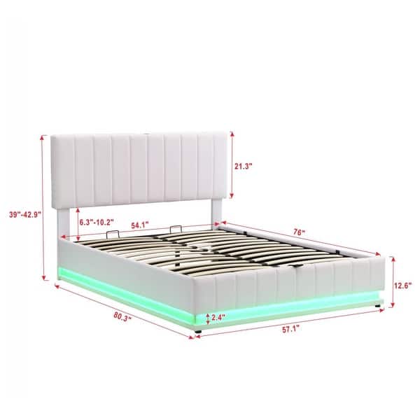 Lift Up Bed Frame Wood Slats Headboard USB Led Light Underbed Storage ...
