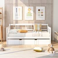 White Twin Size Pine Wood Daybed with Trundle and Three-sided Railing ...