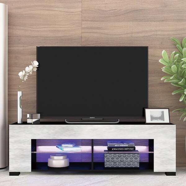 57 Inch LED Lights TV Console Media Table with Glass Shelves and Hidden ...