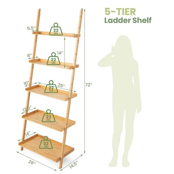 Gymax 5-Tier Bamboo Ladder Shelf Wall-Leaning Bookshelf Display - Bed ...