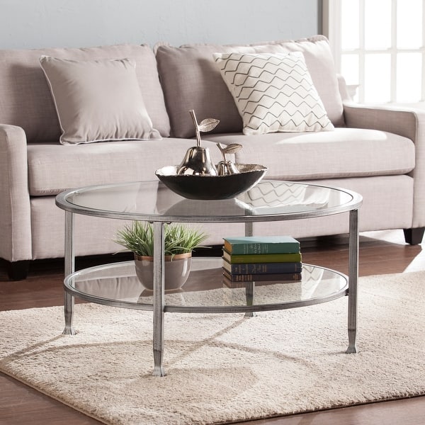 SEI Furniture Glenn Distressed Silver Round Coffee Table with Glass Top ...