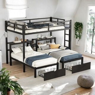 3 IN 1 FULL XL Over Twin & Twin Triple multi-functional Bunk Bed with Drawers and Shelving - Bed ...