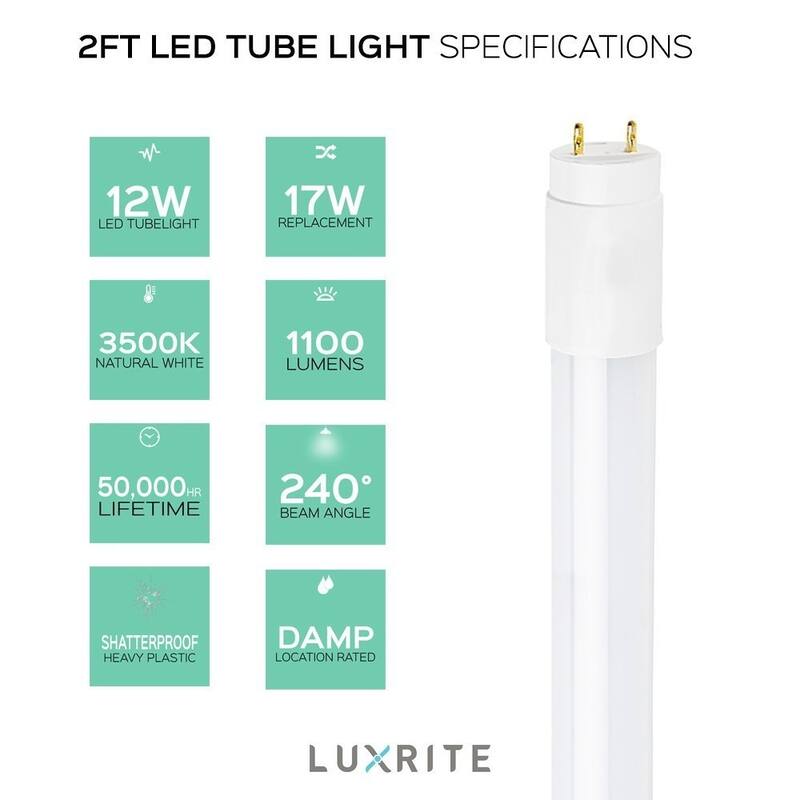 Luxrite 2FT LED Tube Light, T8, 11W (17W Equivalent), 1100 Lumens ...