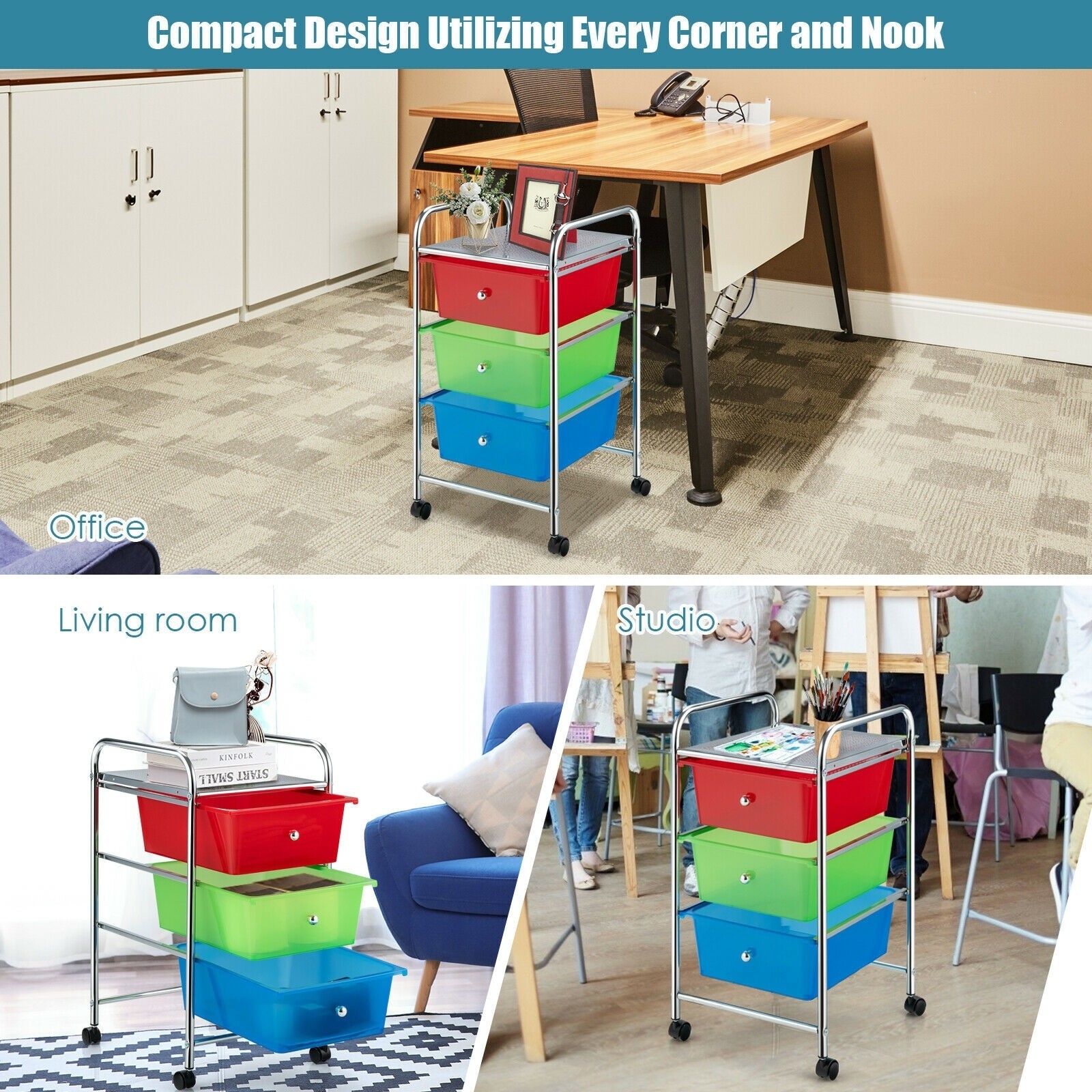 3 Drawer Rolling Storage Cart with Plastic Drawers for Office 12.6 x 14.4 x 24.4 W x D x H Bed Bath Beyond 34774252