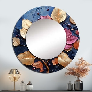 Designart "Gold And Blue Leaves Charm In Winter I" Leaves Round Office ...