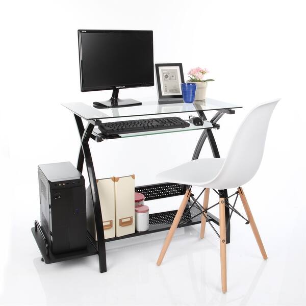 Glass Office Computer Desk With CPU Stand And Pullout Keyboard Tray ...